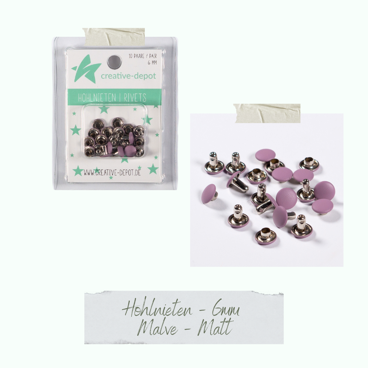 Double hollow rivets - mauve - matt - 10 pairs - 6 mm